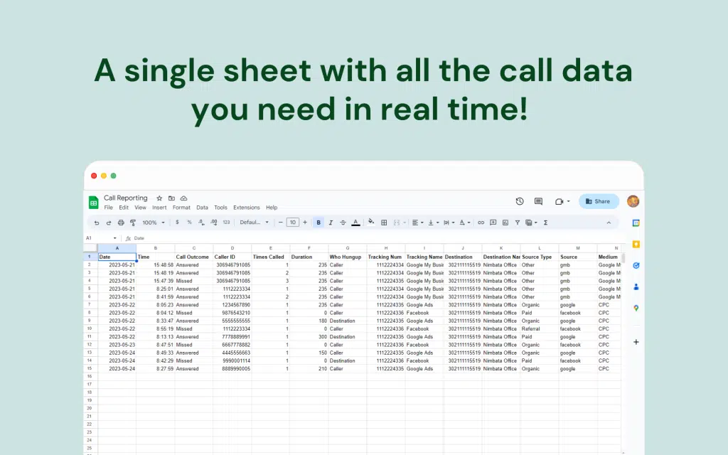Call Tracking for Google Sheets | Nimbata Integration